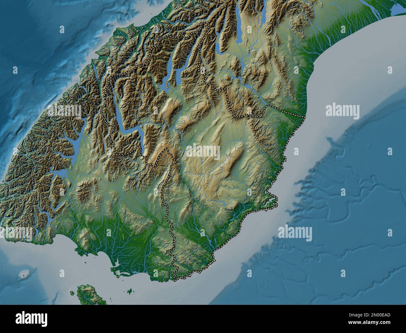Otago, regional council of New Zealand. Colored elevation map with ...