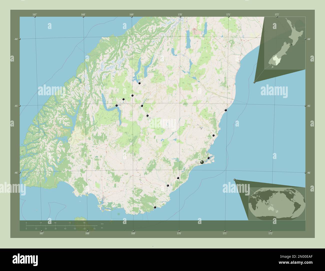 Otago, regional council of New Zealand. Open Street Map. Locations of ...