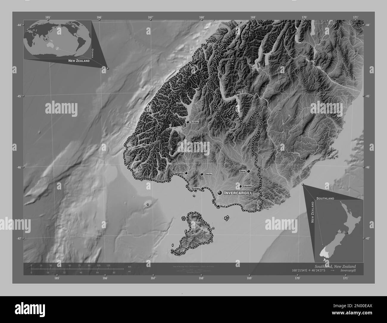 Southland, regional council of New Zealand. Grayscale elevation map ...