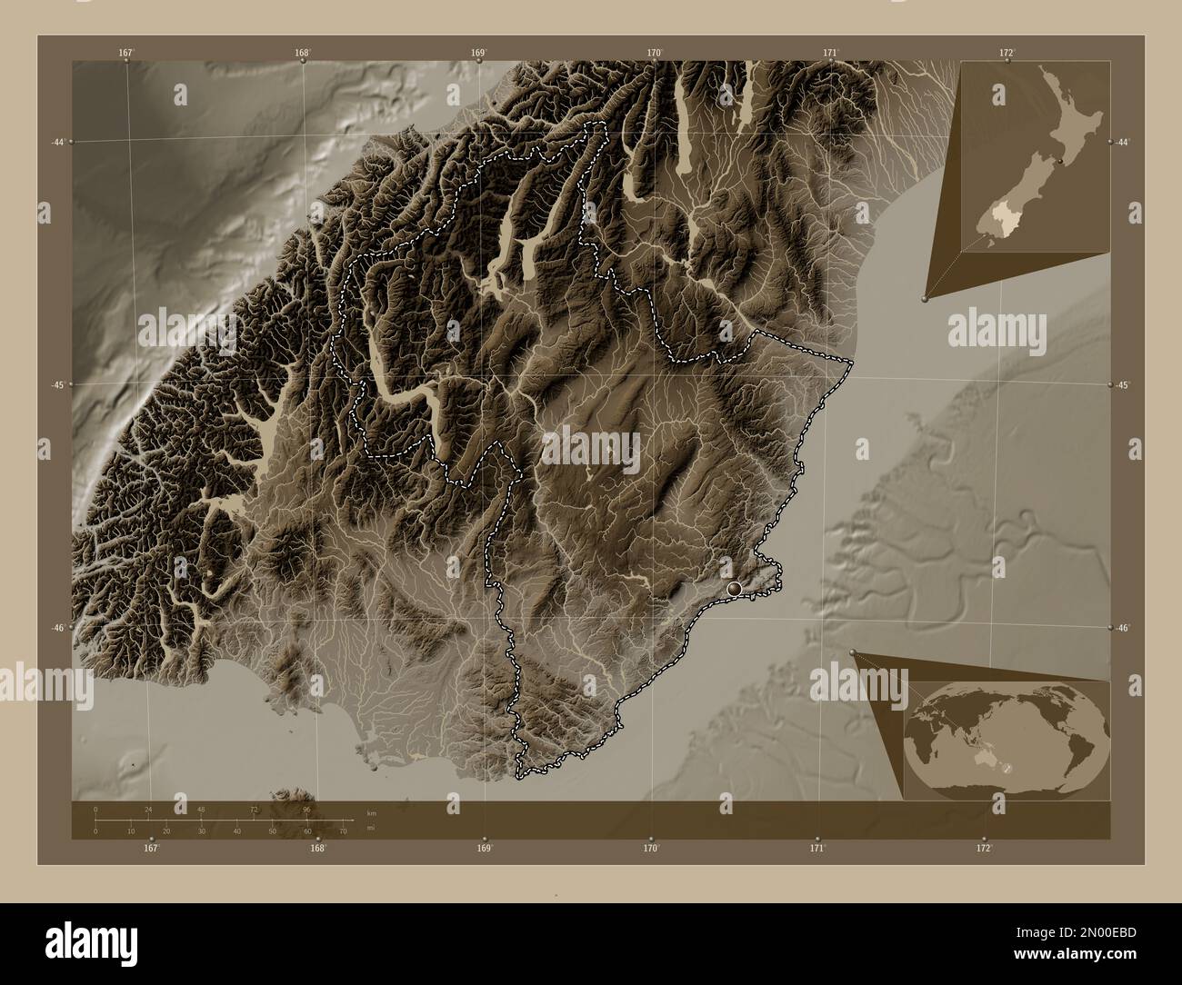 Otago, regional council of New Zealand. Elevation map colored in sepia ...