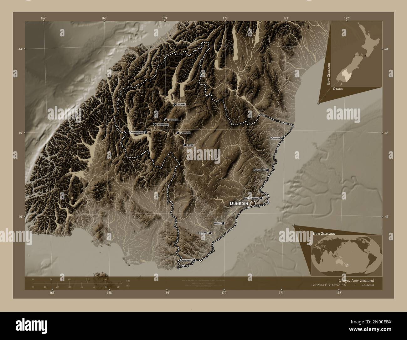 Otago, regional council of New Zealand. Elevation map colored in sepia ...