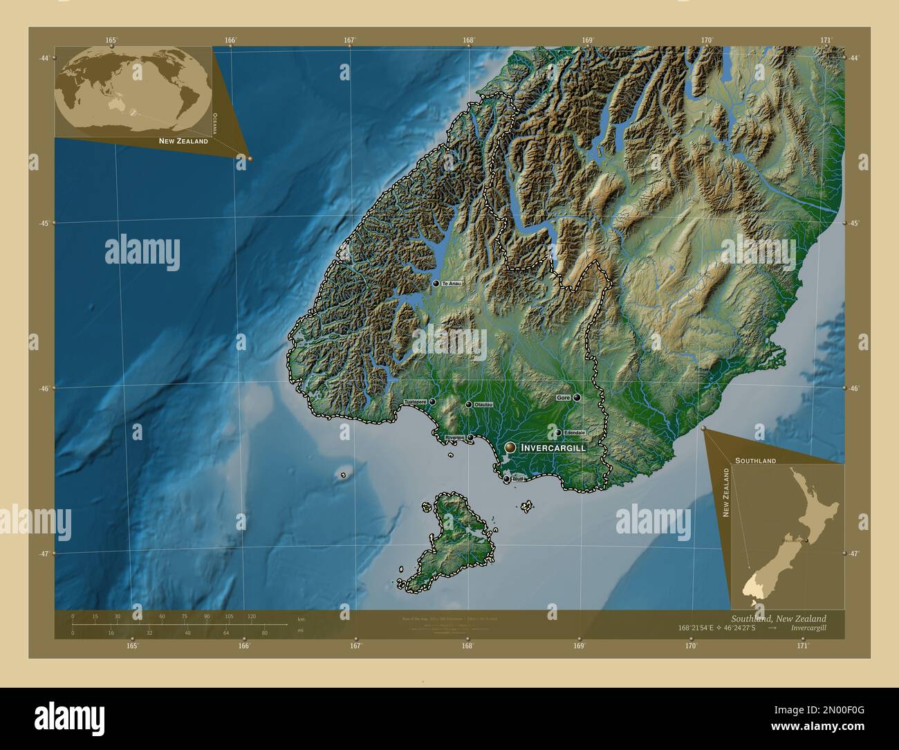 Southland, regional council of New Zealand. Colored elevation map with ...