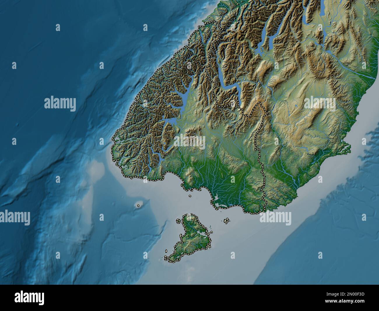 Southland, regional council of New Zealand. Colored elevation map with ...