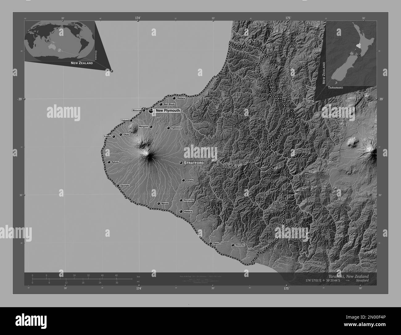 Taranaki, regional council of New Zealand. Bilevel elevation map with ...