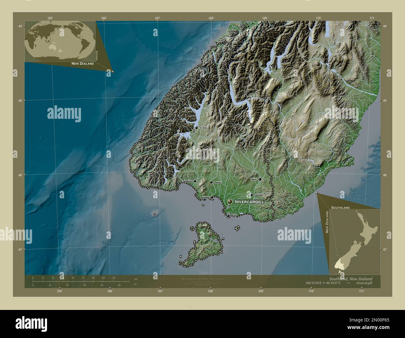 Southland, regional council of New Zealand. Elevation map colored in ...