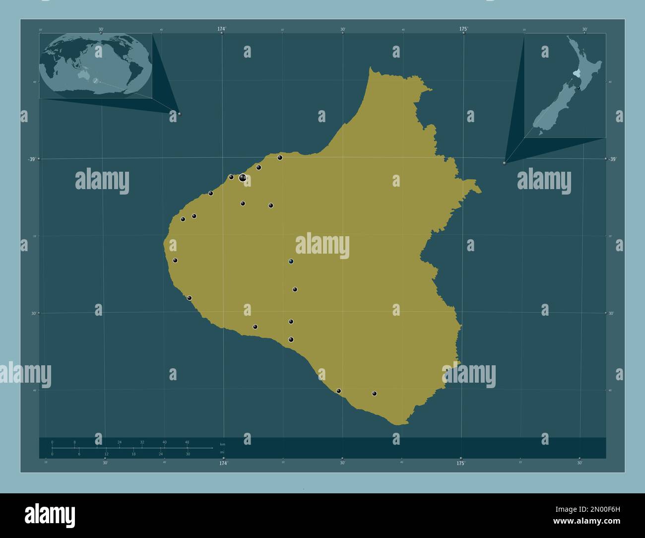 Taranaki, regional council of New Zealand. Solid color shape. Locations ...