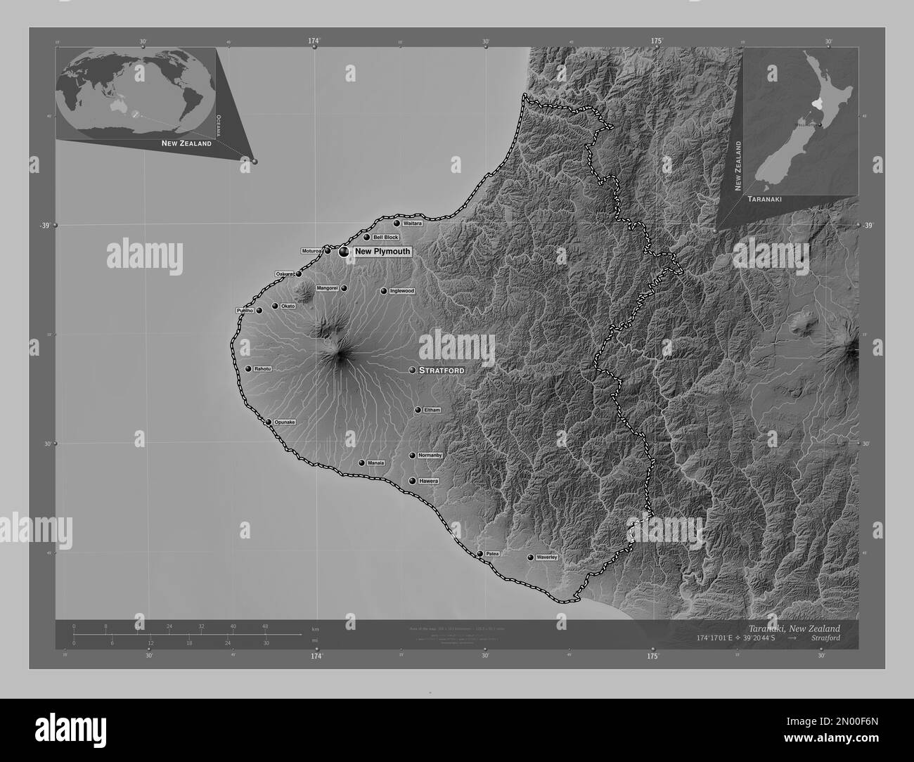 Taranaki, regional council of New Zealand. Grayscale elevation map with ...