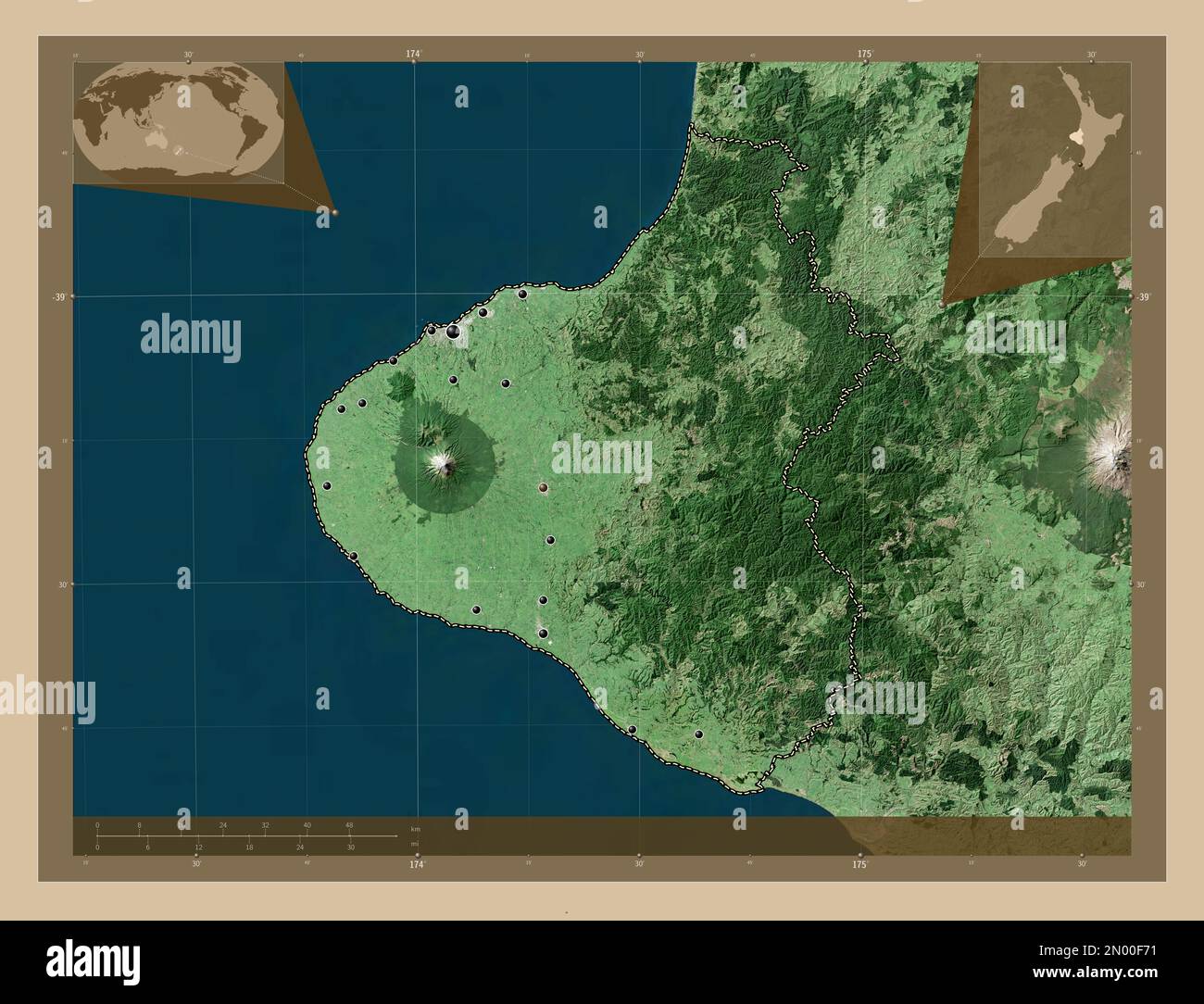 Taranaki, regional council of New Zealand. Low resolution satellite map ...