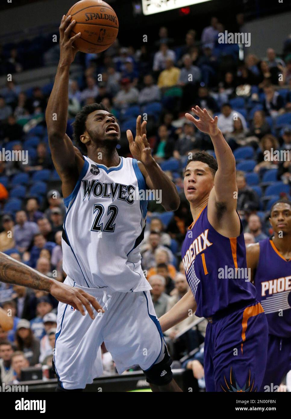 Minnesota Timberwolves guard Andrew Wiggins (22) goes up for a shot ...