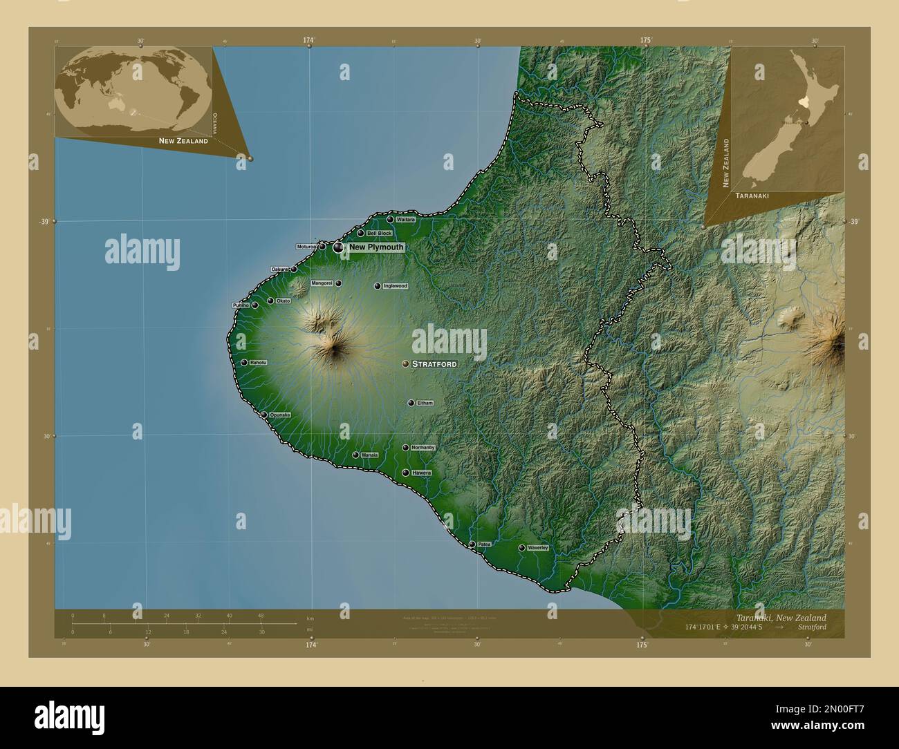 Taranaki, regional council of New Zealand. Colored elevation map with ...