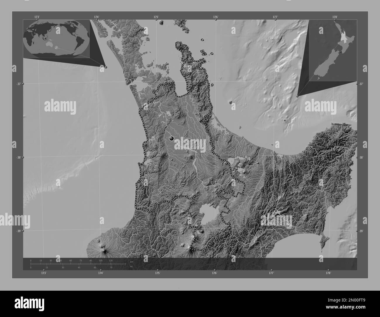 Waikato, regional council of New Zealand. Bilevel elevation map with ...