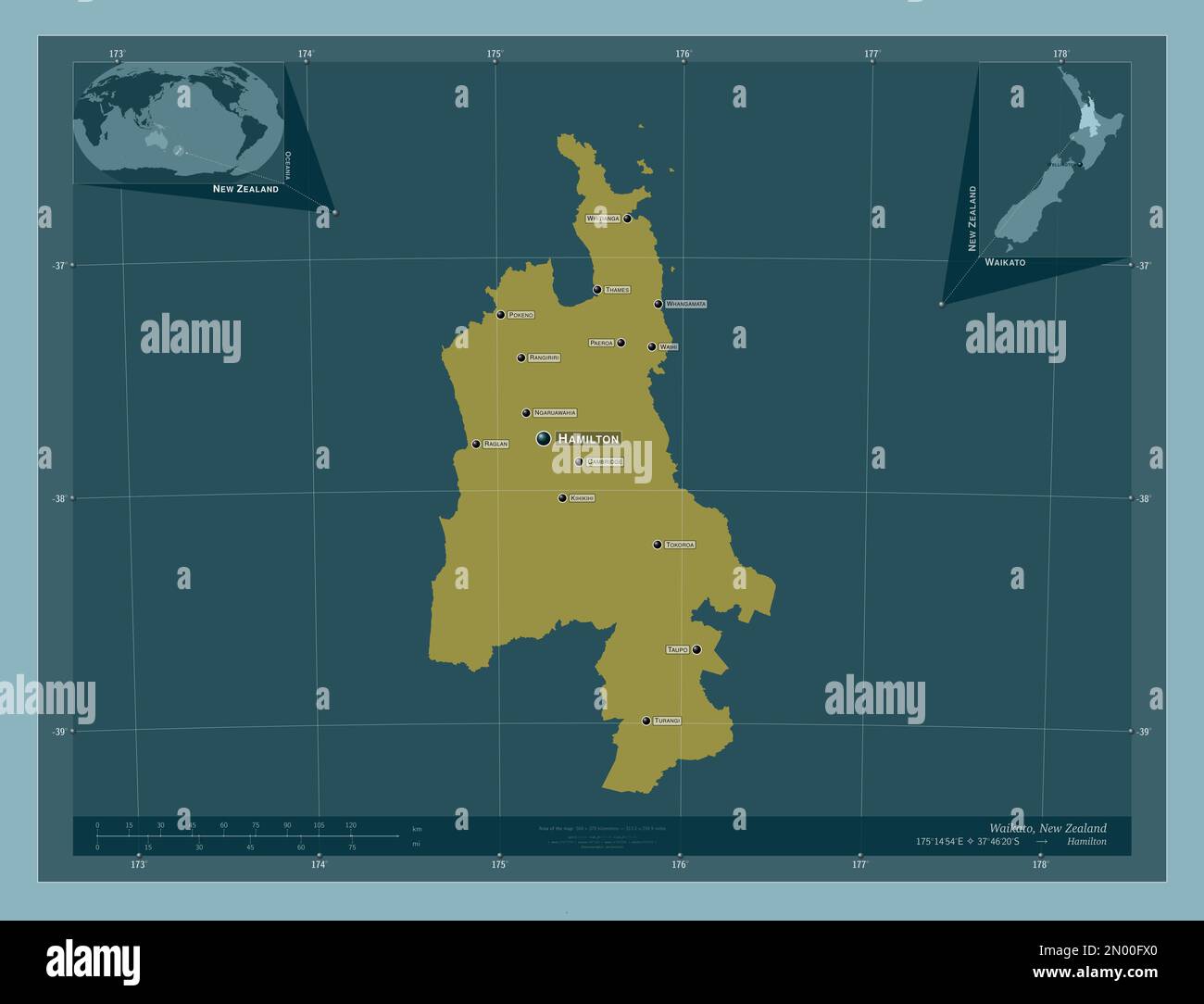 Waikato, regional council of New Zealand. Solid color shape. Locations ...