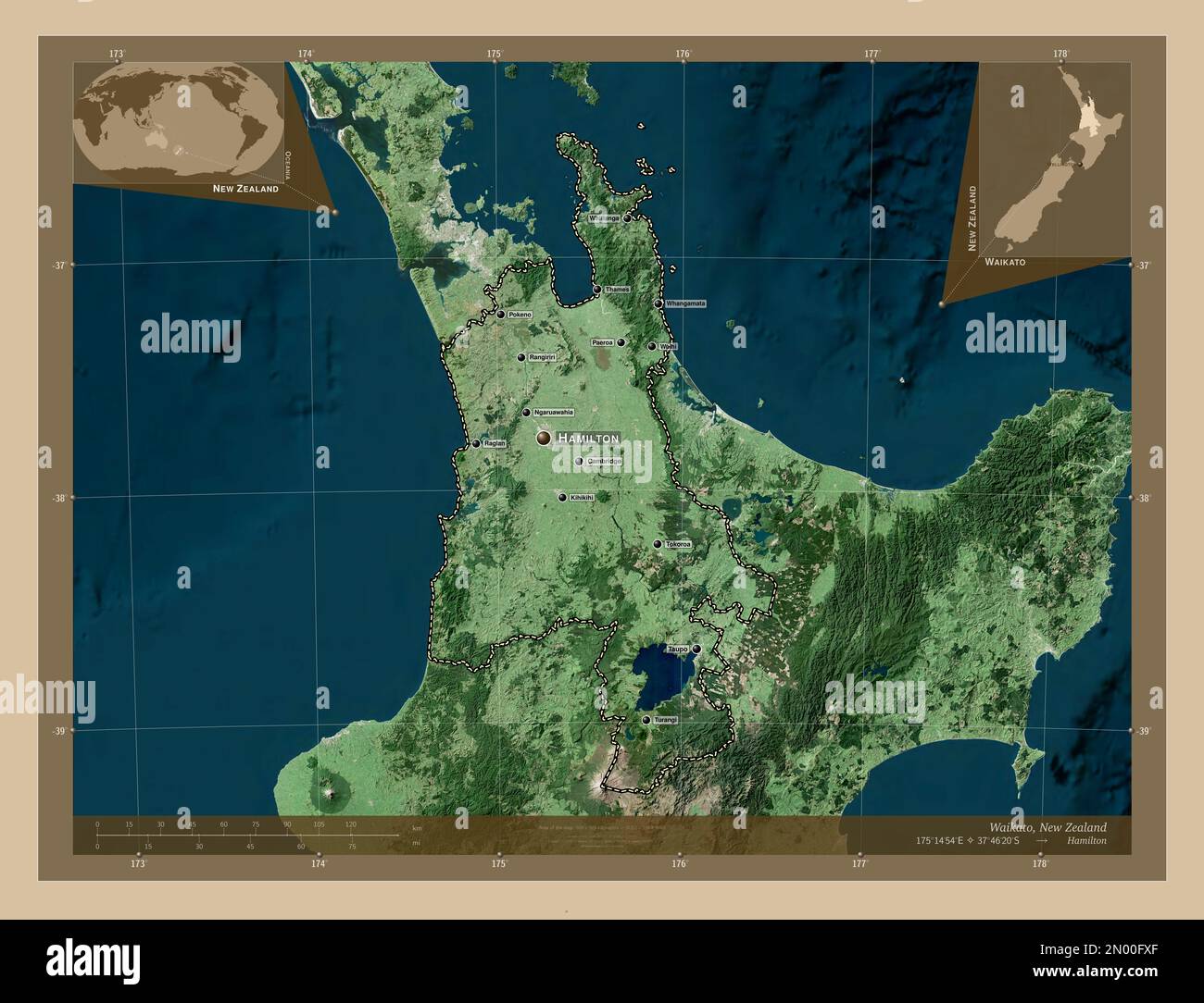 Waikato, regional council of New Zealand. Low resolution satellite map ...