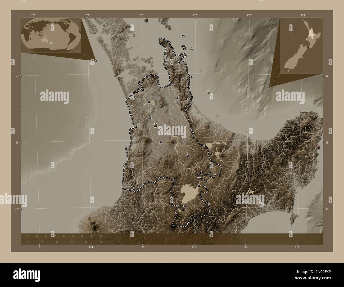 Waikato, regional council of New Zealand. Elevation map colored in ...