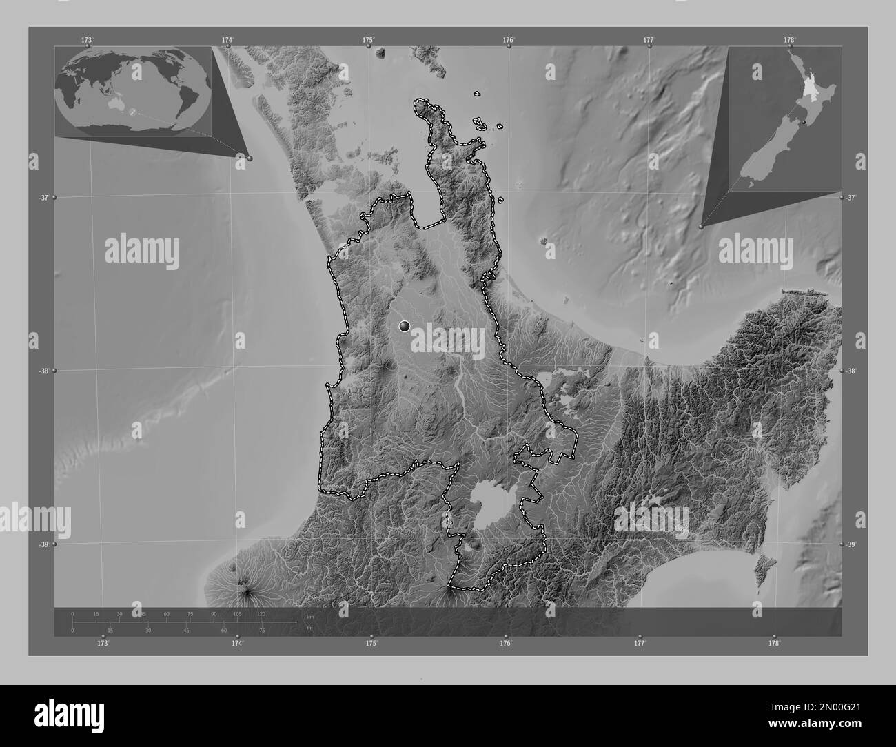 Waikato, regional council of New Zealand. Grayscale elevation map with ...