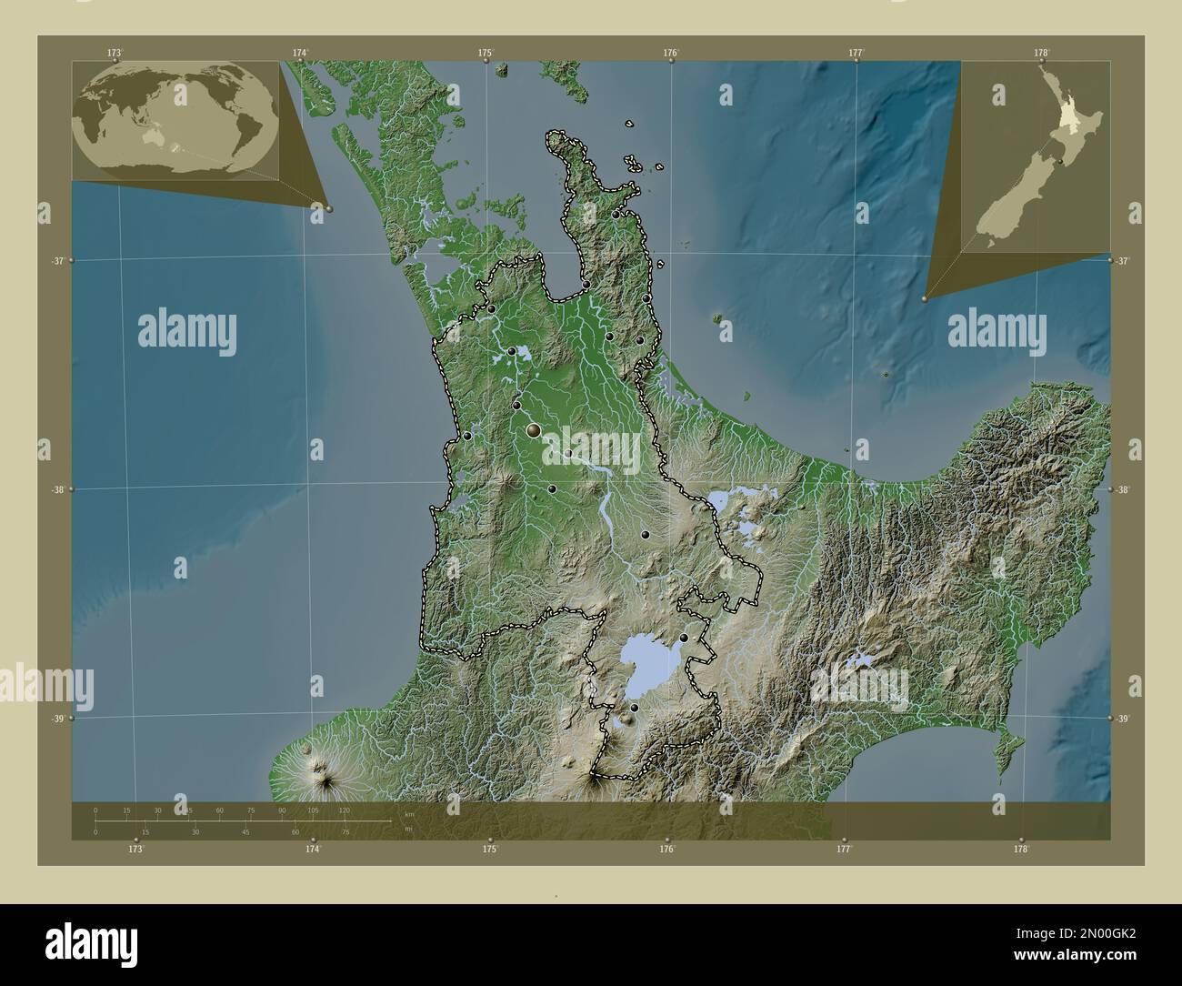 Waikato, regional council of New Zealand. Elevation map colored in wiki ...