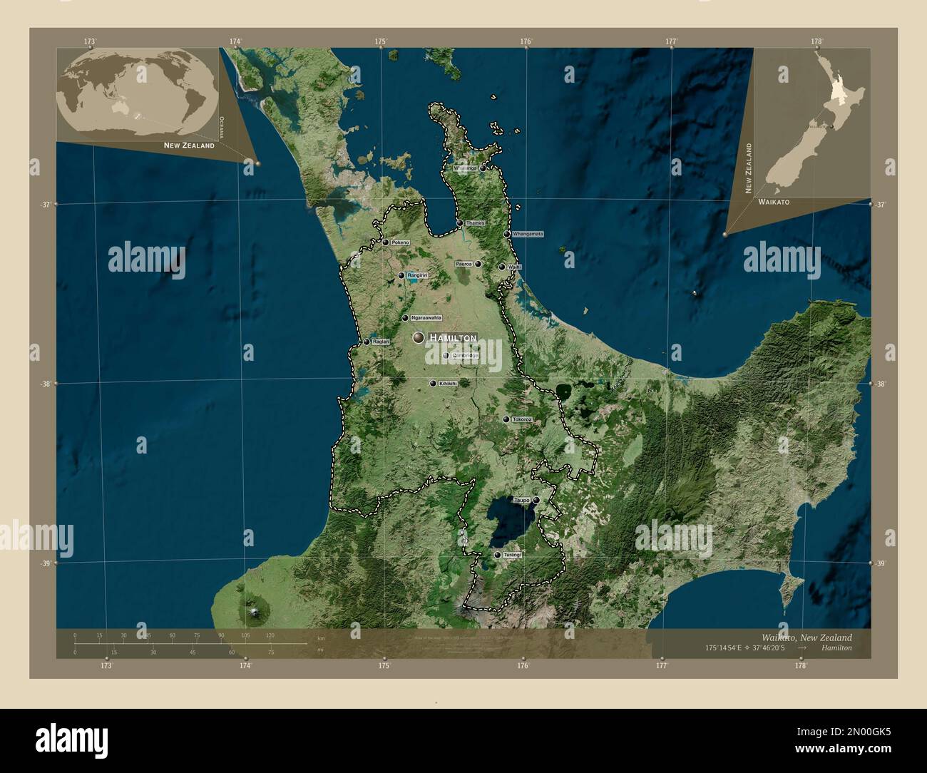 Waikato, regional council of New Zealand. High resolution satellite map ...