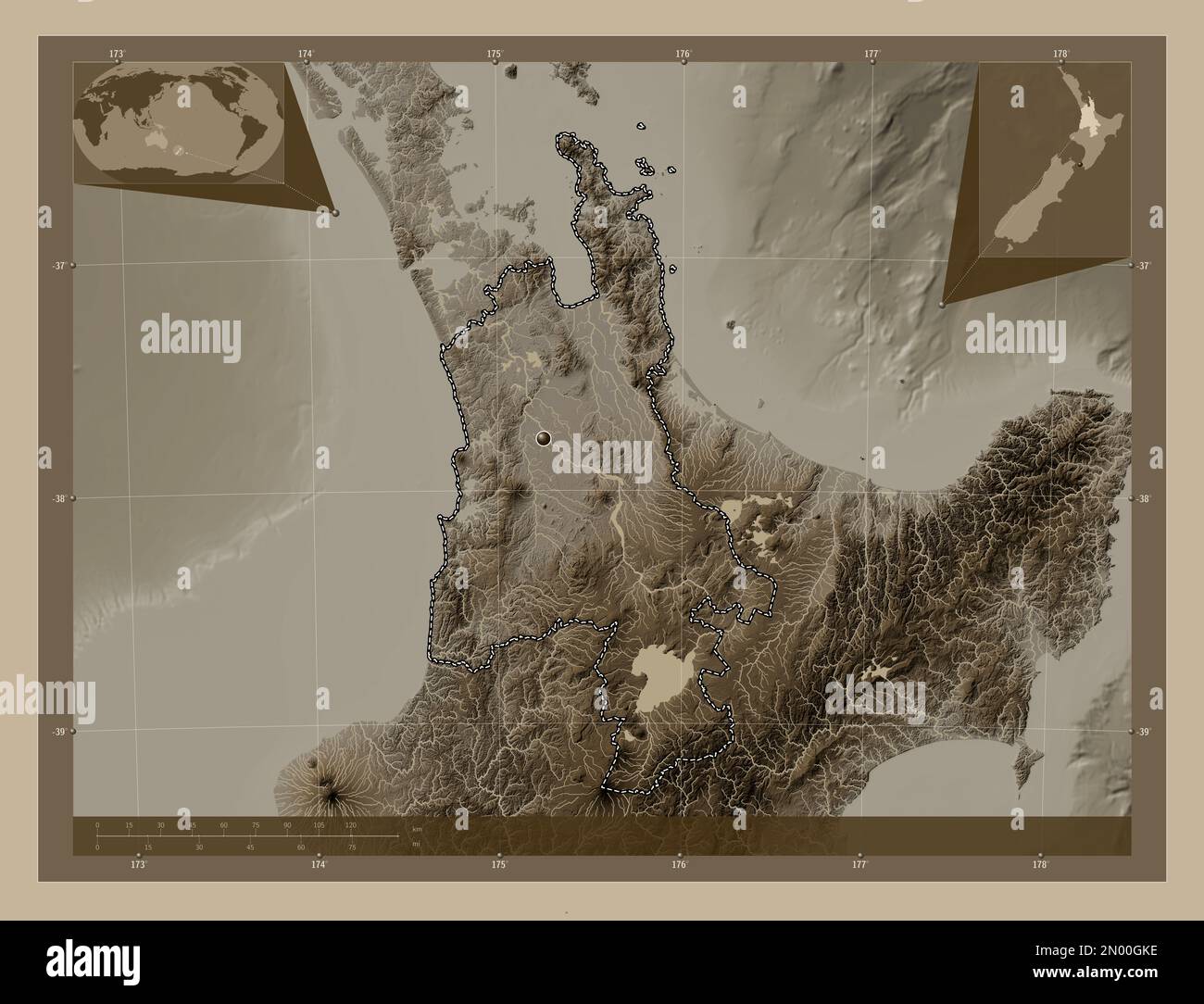 Waikato, regional council of New Zealand. Elevation map colored in ...