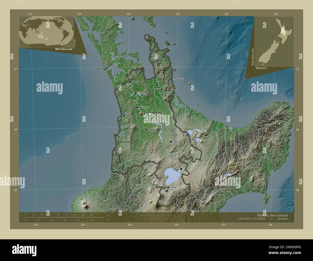 Waikato, regional council of New Zealand. Elevation map colored in wiki ...
