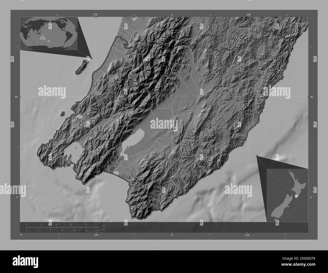 Wellington, regional council of New Zealand. Bilevel elevation map with ...