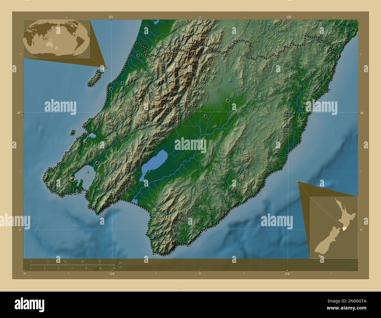 Wellington, regional council of New Zealand. Colored elevation map with ...