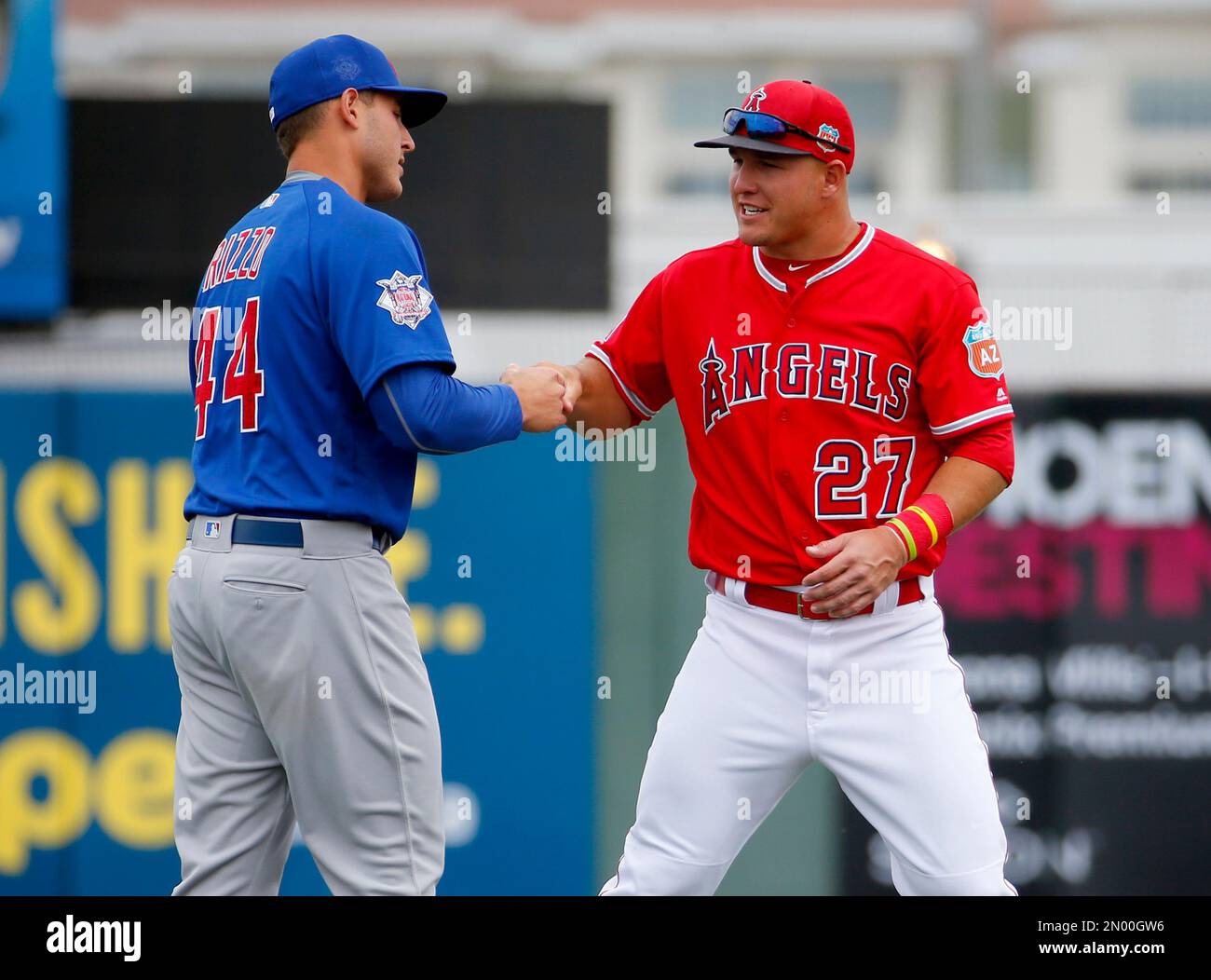 Los Angeles Angels' Mike Trout, right, greets Chicago Cubs' Anthony ...