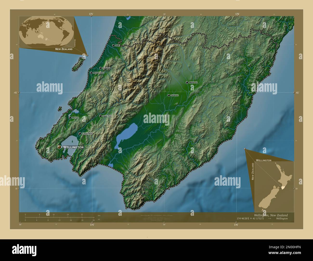 Wellington, regional council of New Zealand. Colored elevation map with ...