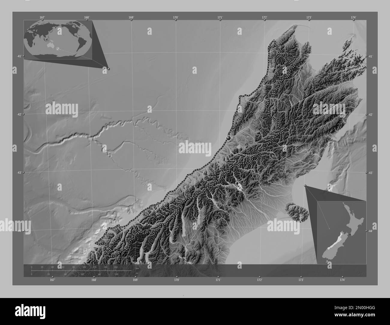 West Coast, regional council of New Zealand. Grayscale elevation map ...