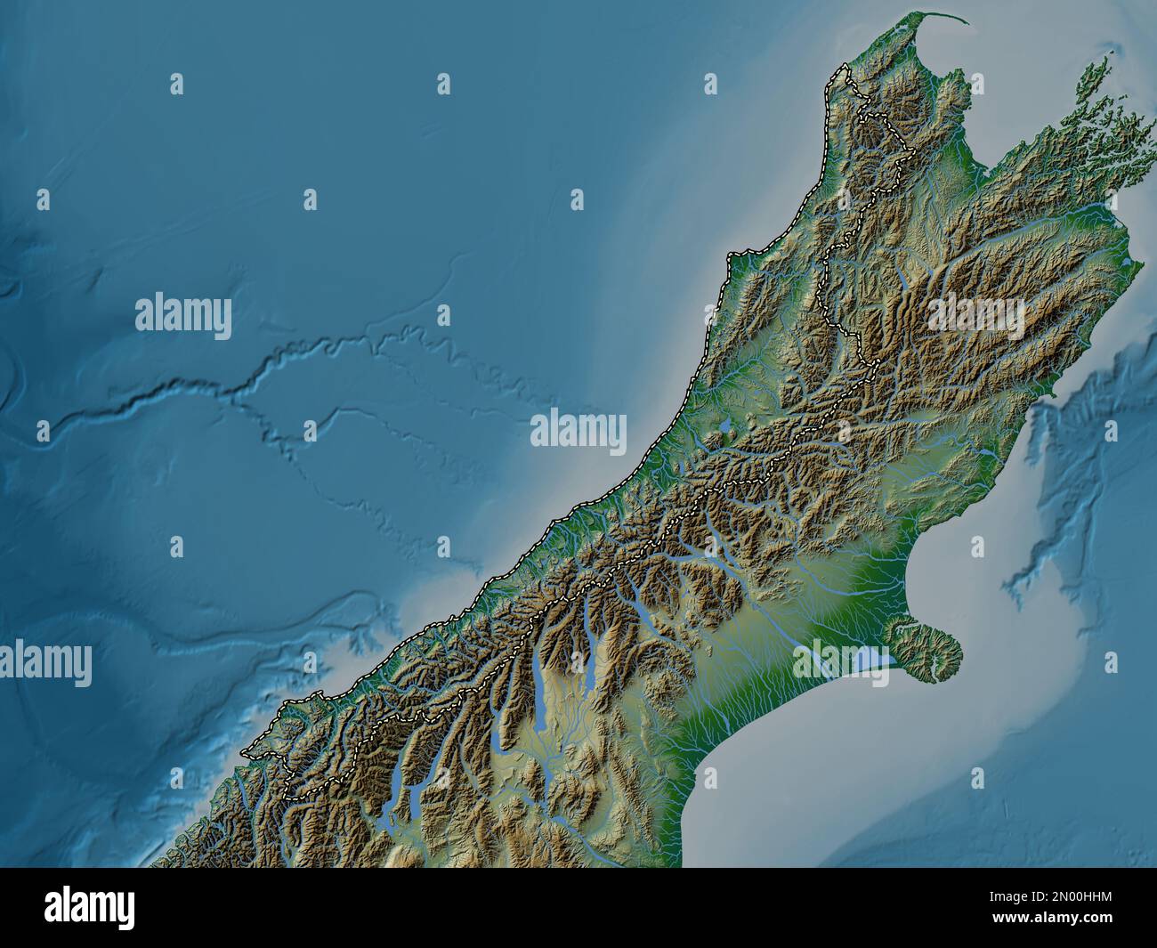 West Coast, regional council of New Zealand. Colored elevation map with ...