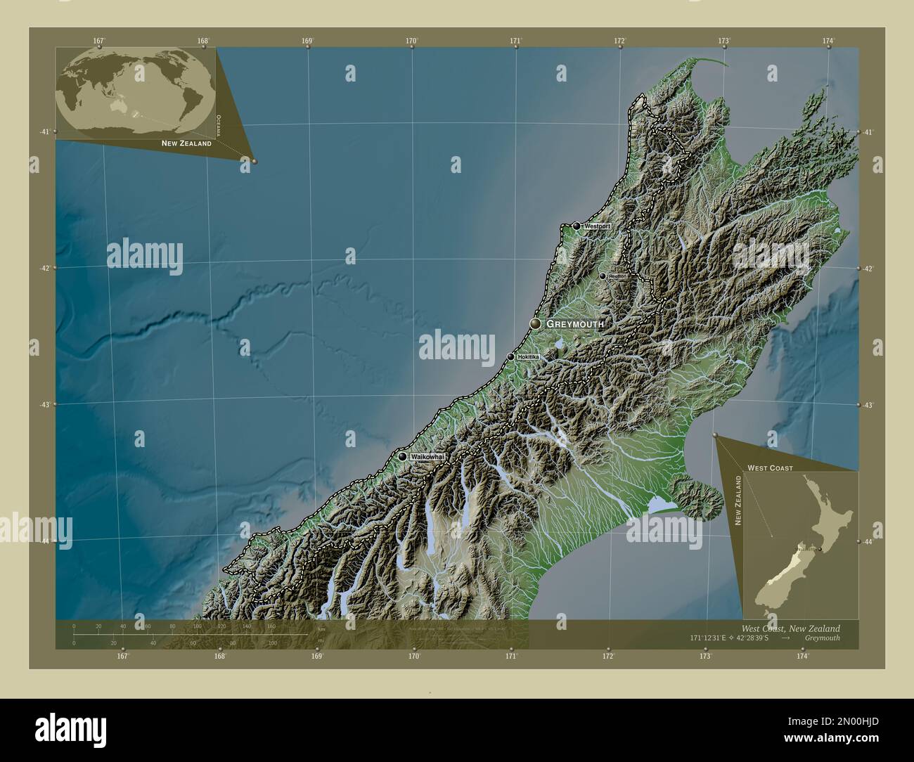 West Coast, regional council of New Zealand. Elevation map colored in ...