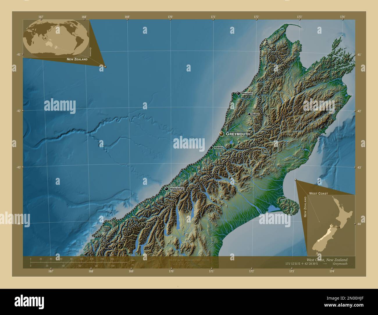 West Coast, regional council of New Zealand. Colored elevation map with ...