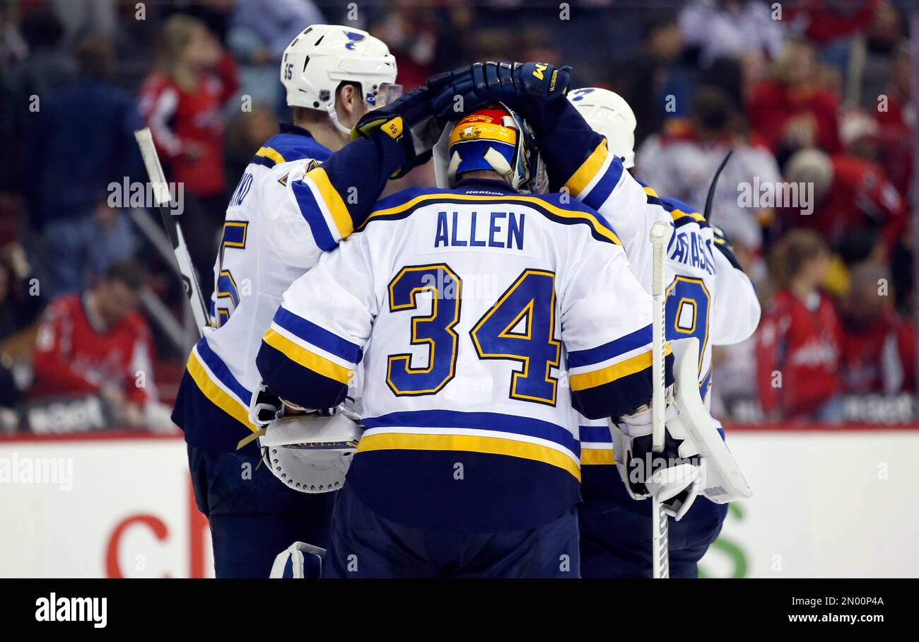 St. Louis Blues goalie Jake Allen (34) celebrates with his teammates ...