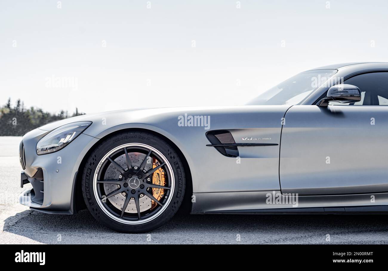 Calafat, Spain, April 18, 2021: detail side view of a mercedes benz AMG ...