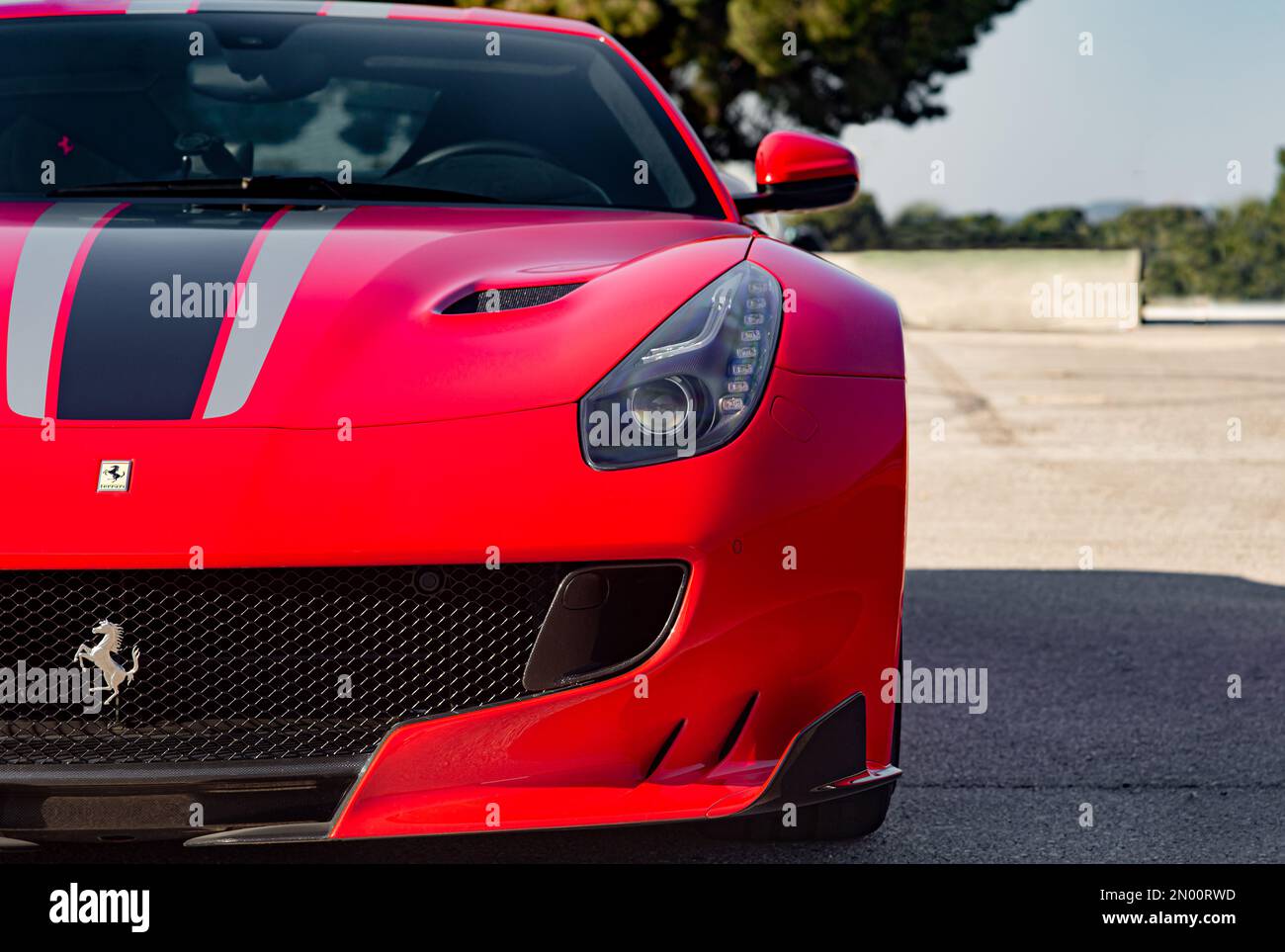Calafat, Spain, April 18, 2021: front view in detail of a red Ferrari ...
