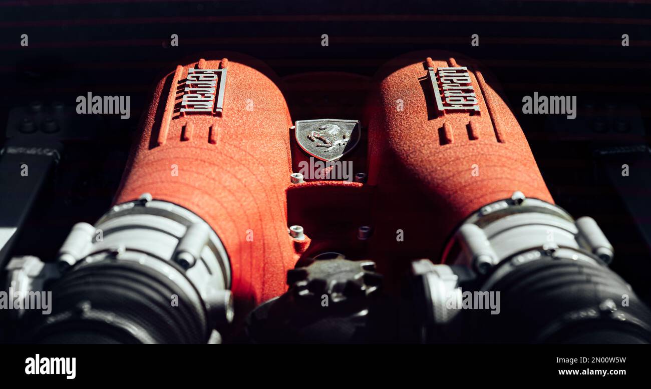 Calafat, Spain, April 18, 2021: Top detail view of a Ferrari F430 ...