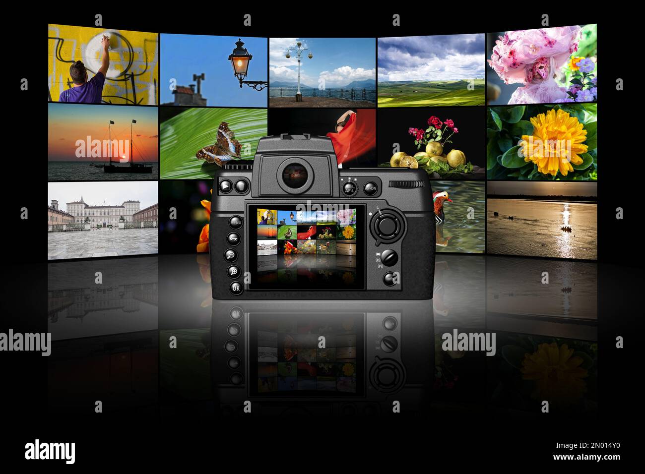 3D illustration. Camera frames the photographs in the background ...