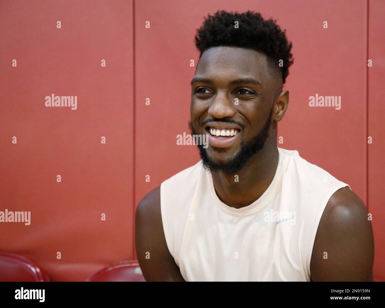 Oklahoma forward Khadeem Lattin smiles during an interview in Norman ...