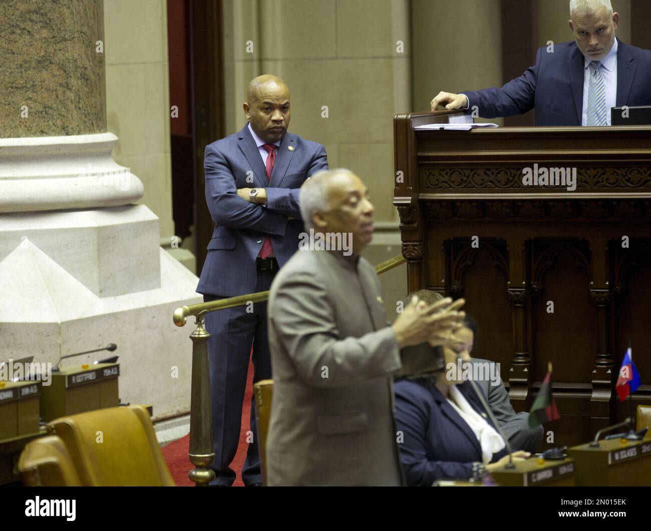 Assembly Speaker Carl Heastie, D-Bronx, left, looks on as Assemblyman ...