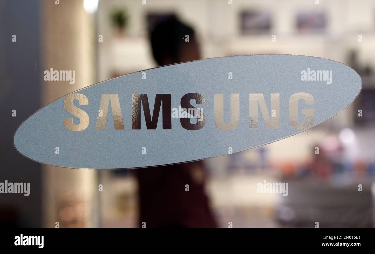 In this Oct. 29, 2015 photo, a logo of Samsung Electronics Co. is seen ...