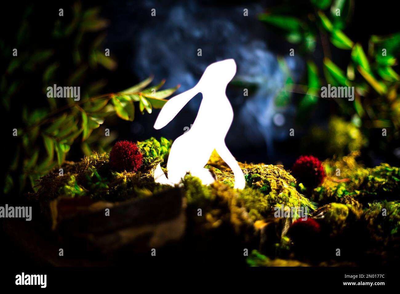 Glowing white rabbit in a magical still life set in the woods. Year of ...