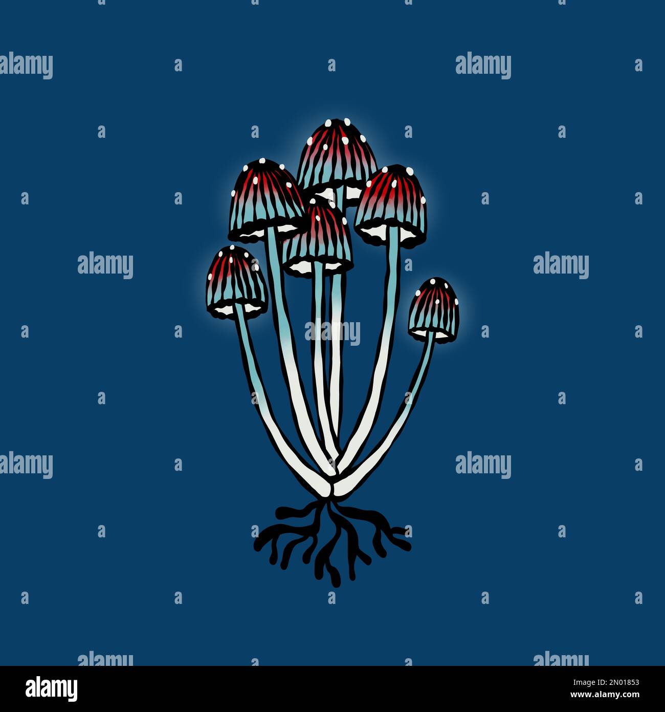 Fairytale watercolor outlined mushrooms. Glowing toadstool funguses ...