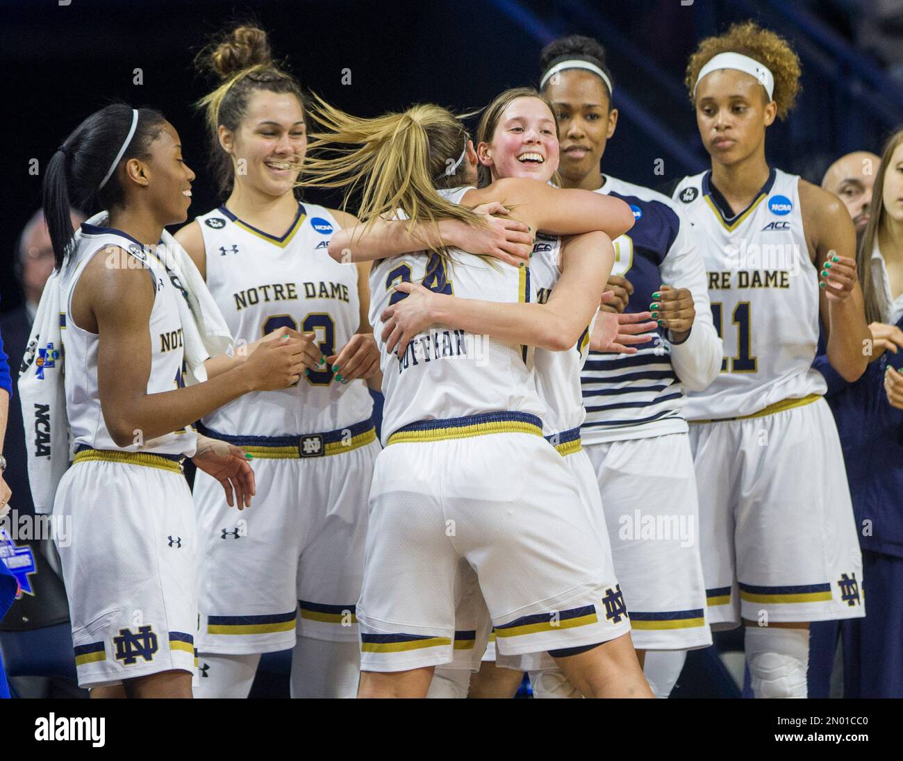 Notre Dame’s Hannah Huffman (24) hugs teammate Madison Cable after ...