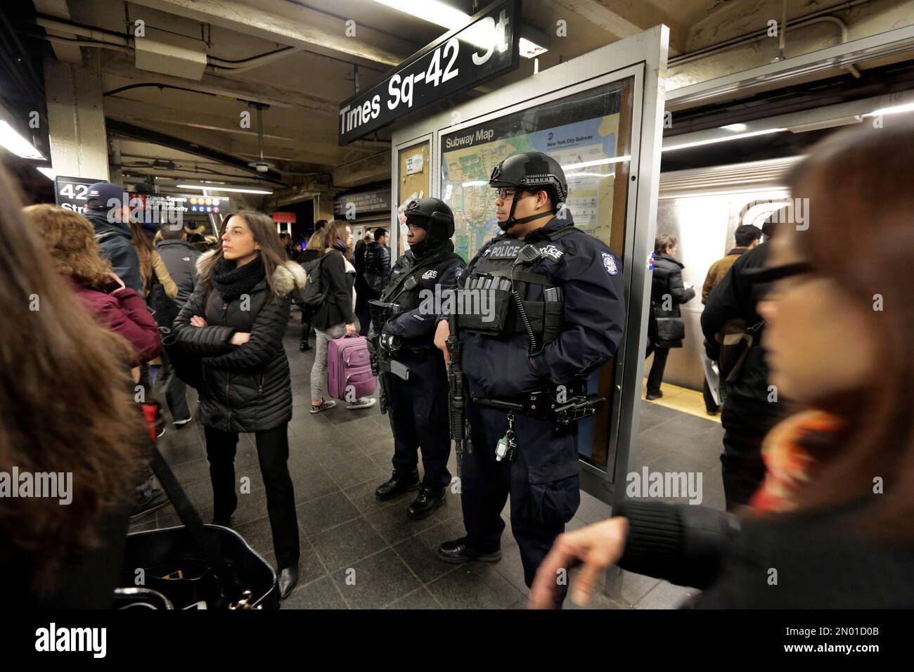 New York City Police Department Transit officers patrol a Times Square ...