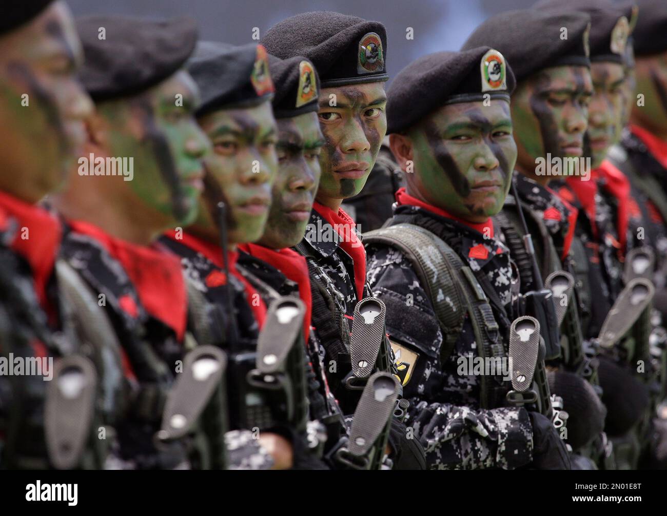 Filipino Scout Rangers march during ceremonies at the 119th founding ...