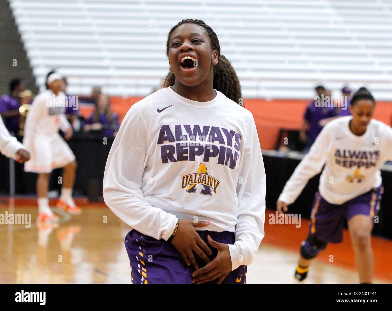 Albany’s Zakiya Saunders cheers during warmups before a second round ...