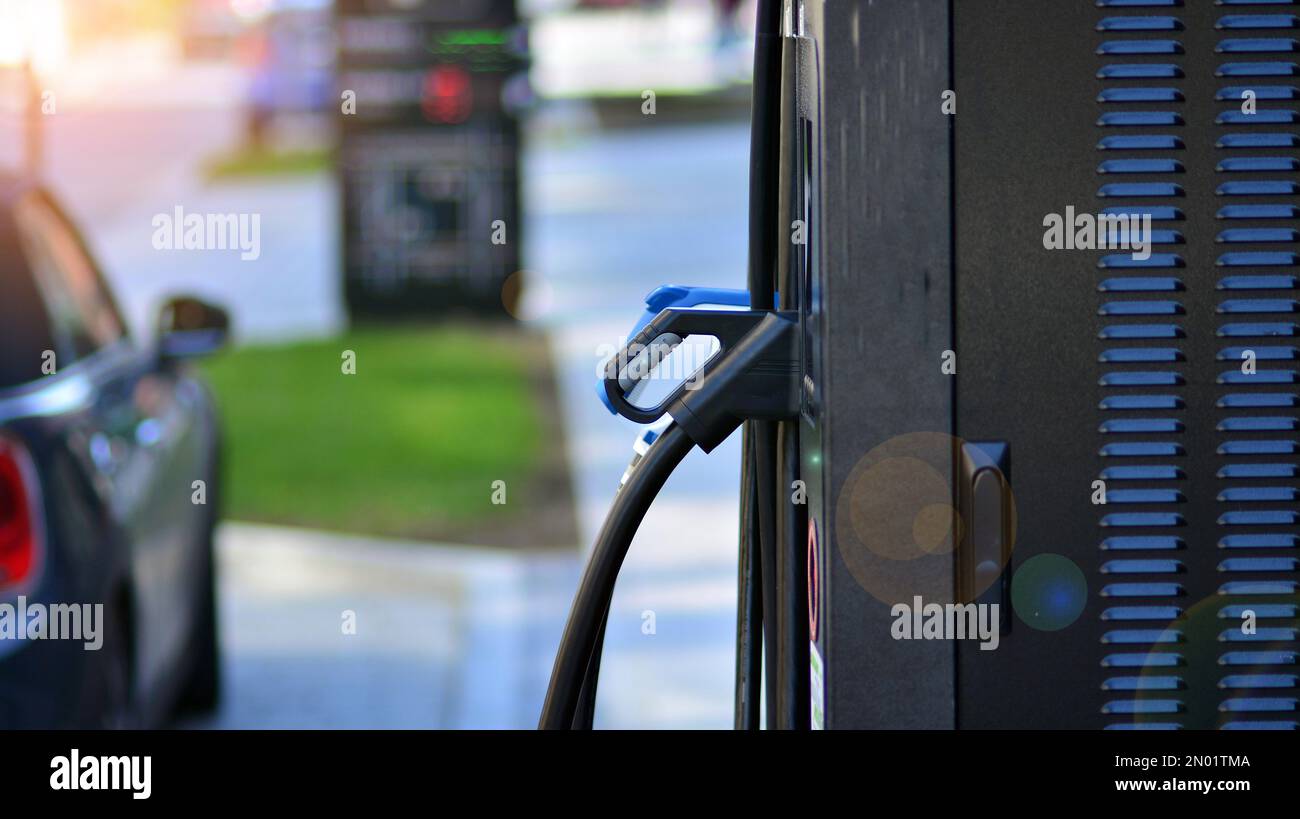 Electric car charging station. Transport plug and fuel recharge. Future ...