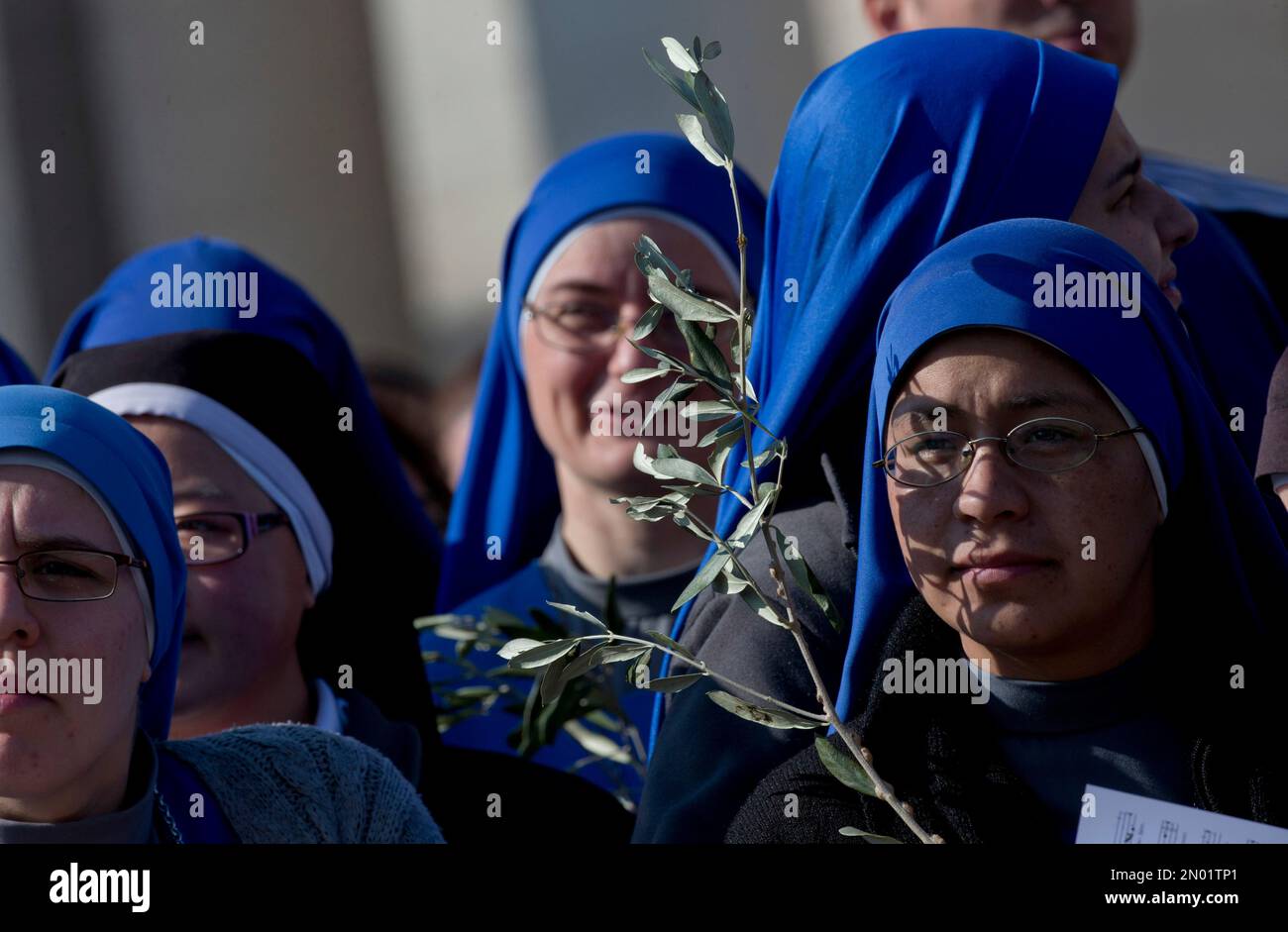 A nun holds an olive branch as she follows Palm Sunday Mass celebrated ...