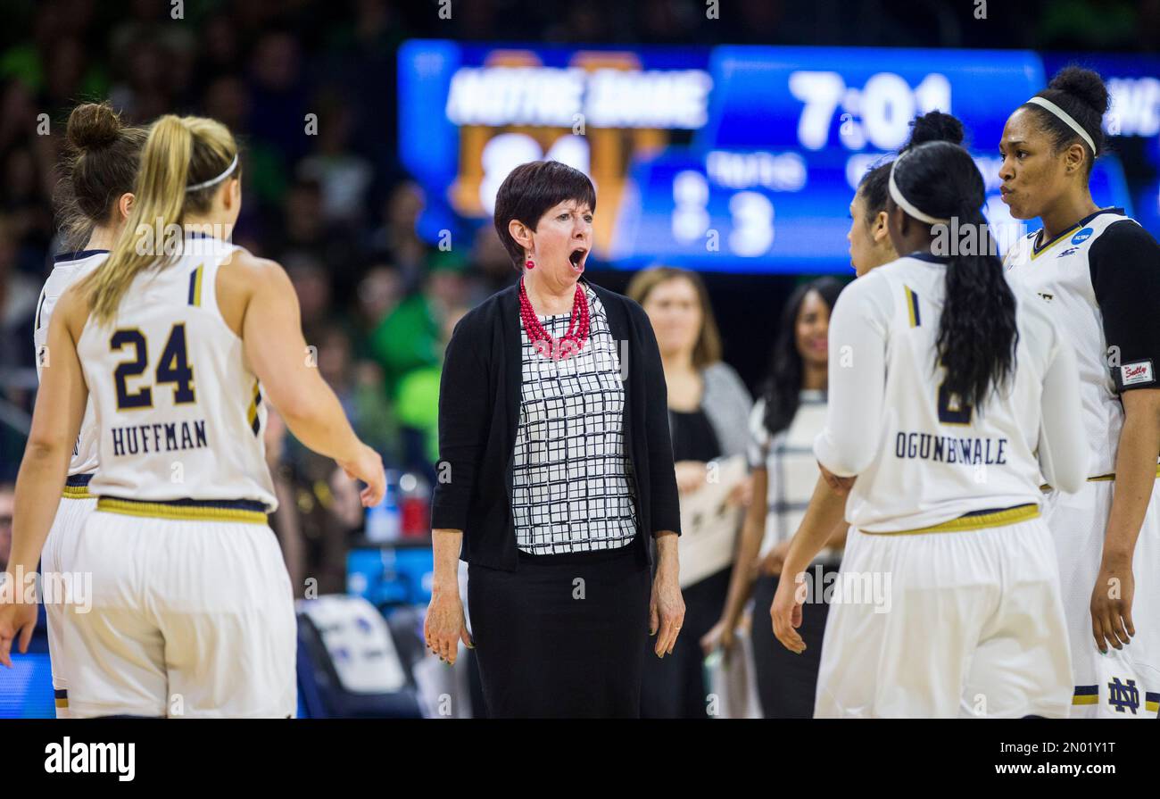 Notre Dame head coach Muffet McGraw, center, yells at players during a ...