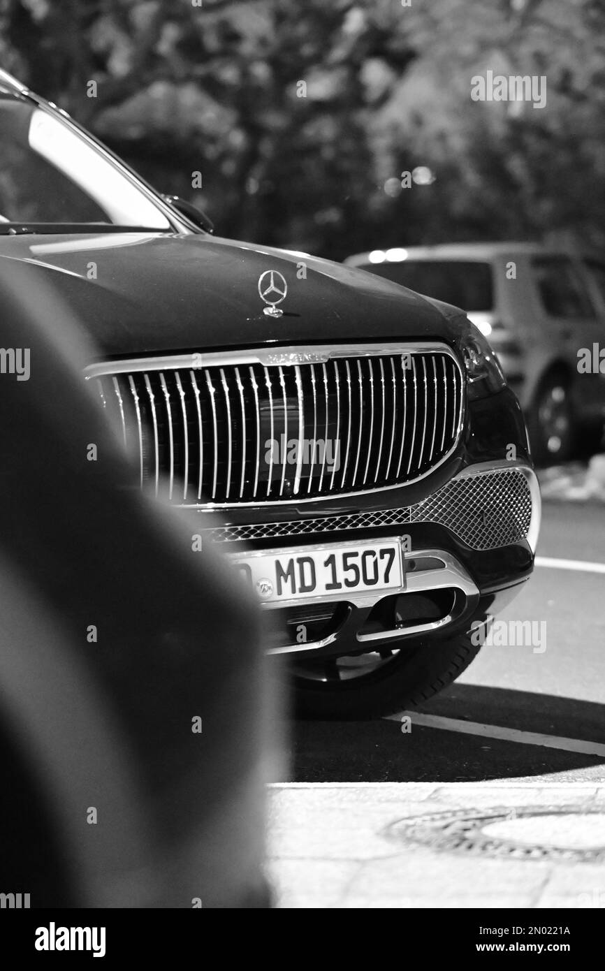Imposing the radiator grille of a black Mercedes Maybach in Duesseldorf ...