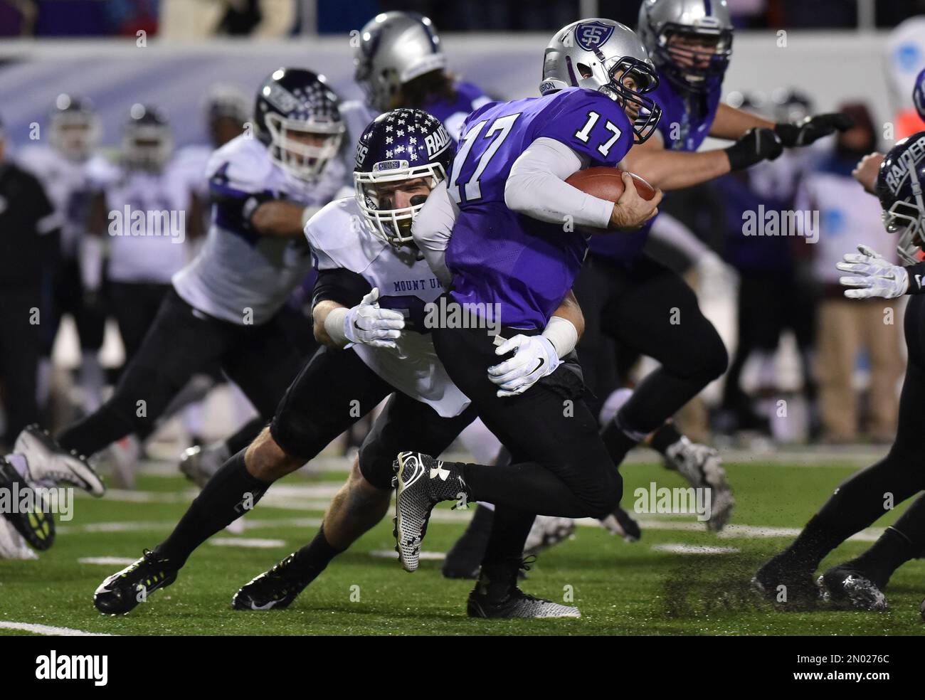 St. Thomas quarterback John Gould (17) is sacked by Mount Union ...